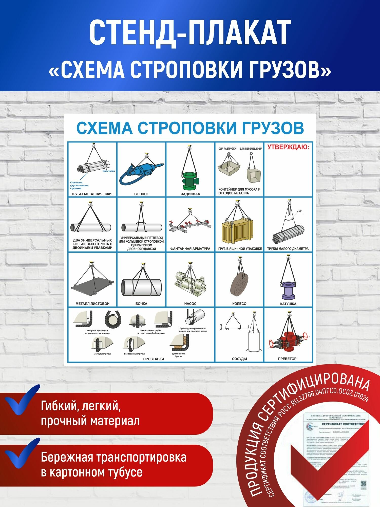 Стенд плакат по безопасности на стройку "Схемы строповки грузов", пэт + печать 60х60 см