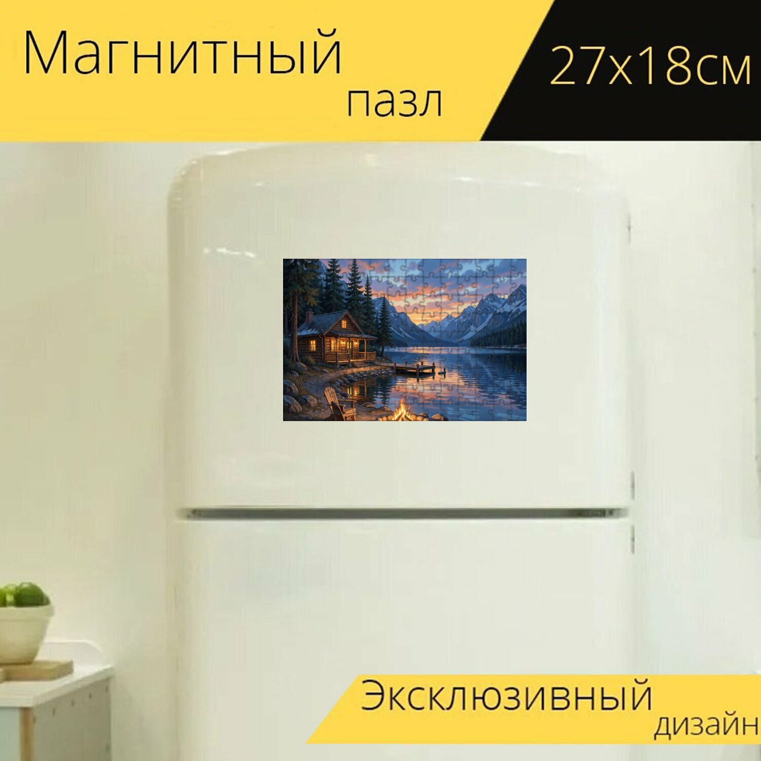 Магнитный пазл "Уютный дом у горного озера. Живописная альпийская сцена: деревянная хижина у воды, костёр на берегу, сосны и снежные вершины. Тёплые." на холодильник 27 x 18 см.