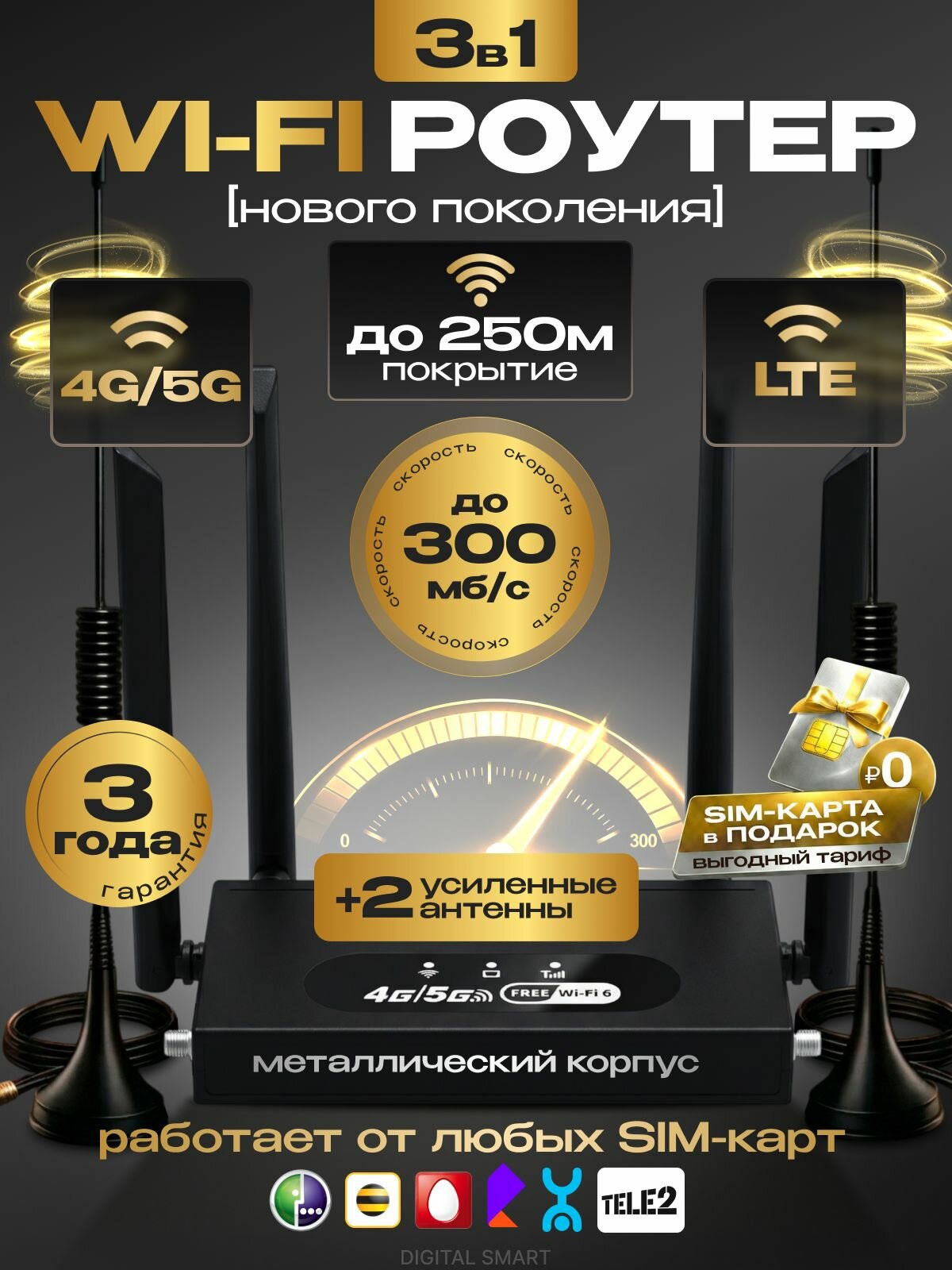 Роутер WIFI 6 с сим картой 4G/5G, скорость до 300 Мбит/с, покрытие до 250 метров, до 48 устройств