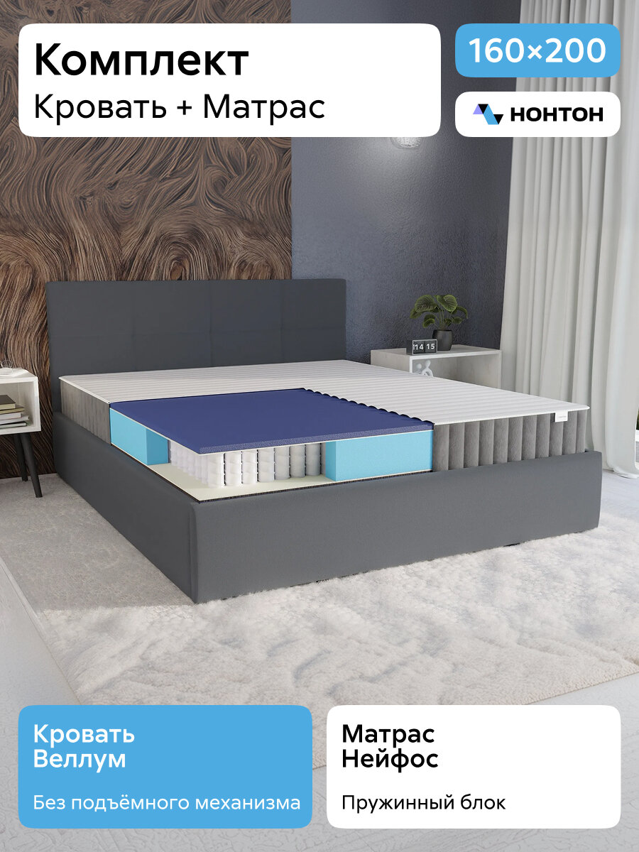 Кровать двуспальная Нонтон Веллум, 160x200 см, настил, Матрас НПБ 4 Нэйфос, велюр темно-серый