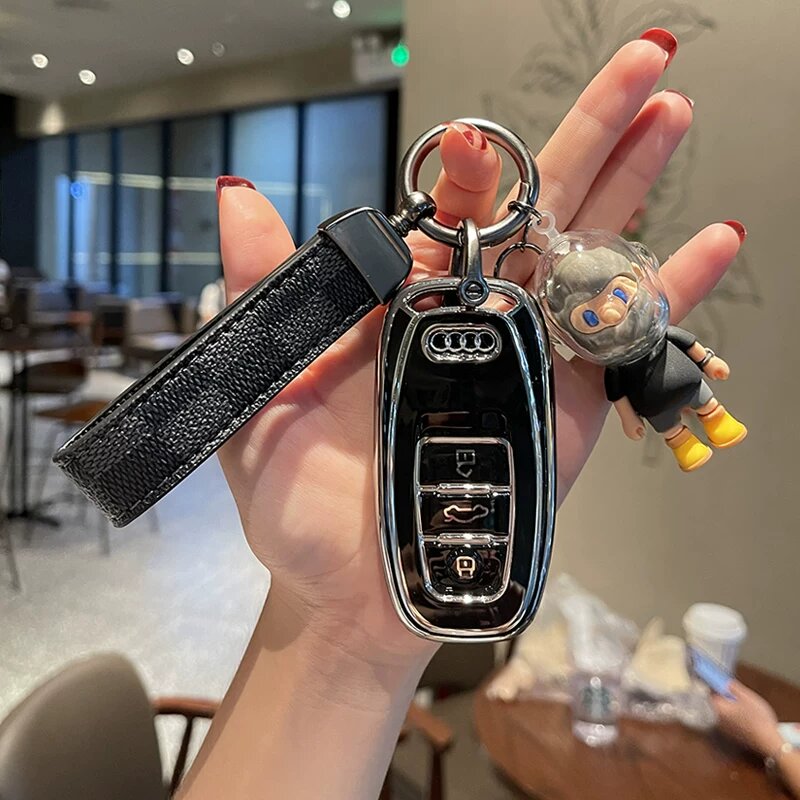 Ключевой чехол Audi Style B, темно-черный с черно-белой клетчатой лентой и мультяшным Racing Boy для