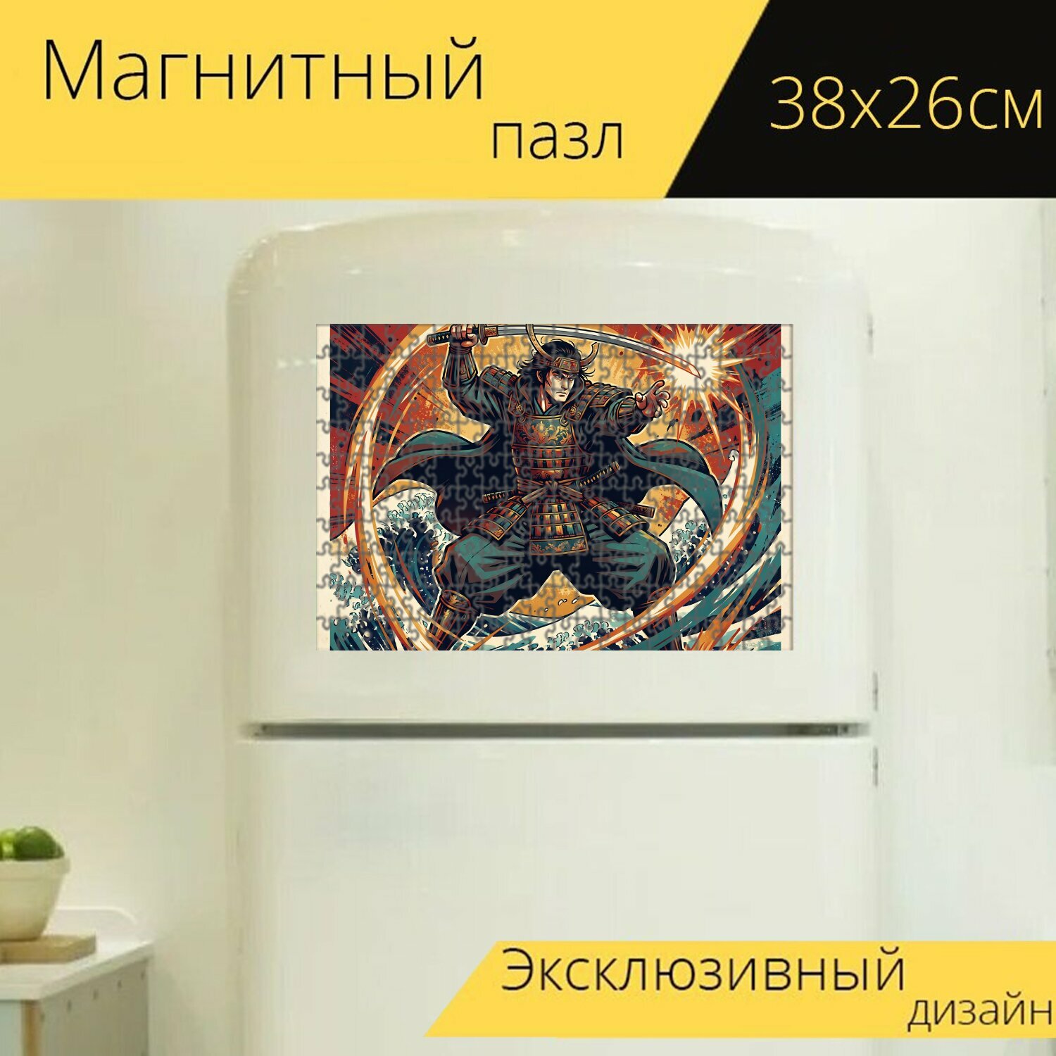Магнитный пазл "Самурай в динамичном бою. Японский воин в броне с мечом в стремительной атаке, вокруг яркие огненные дуги и морские волны. Комикс-арт." для интерьера, 38х26 см.