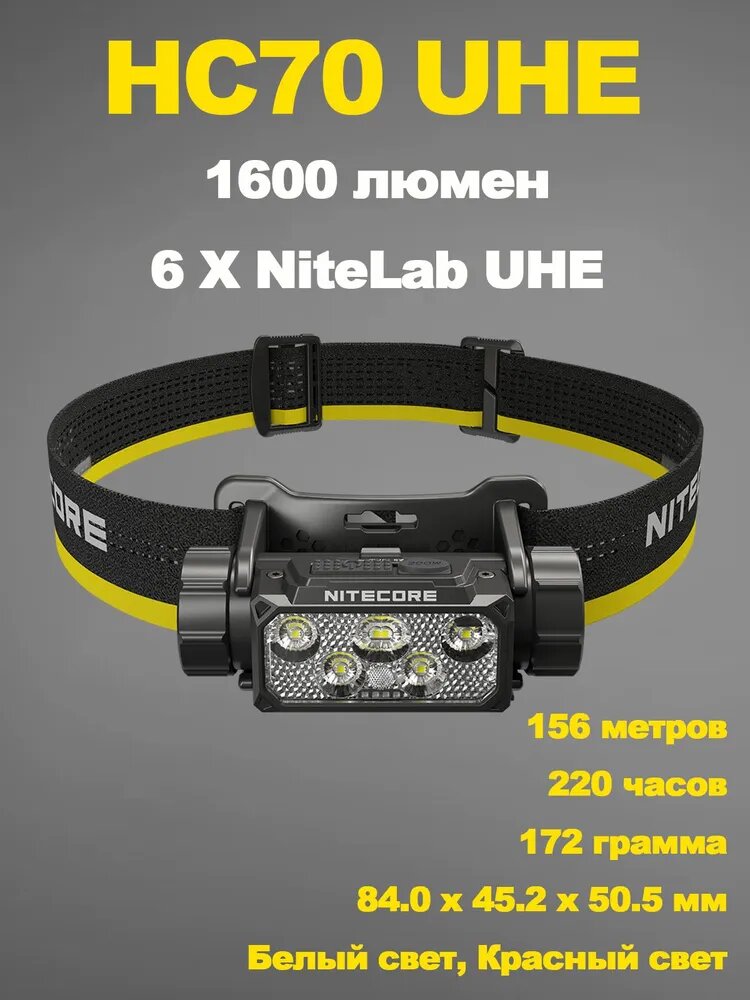 Фонарь-прожектор NITECORE HC70 UHE 1600 люмен, 6 x NiteLab UHE LED, Дальность 156 м, Вес 172 г, Белый/Красный свет