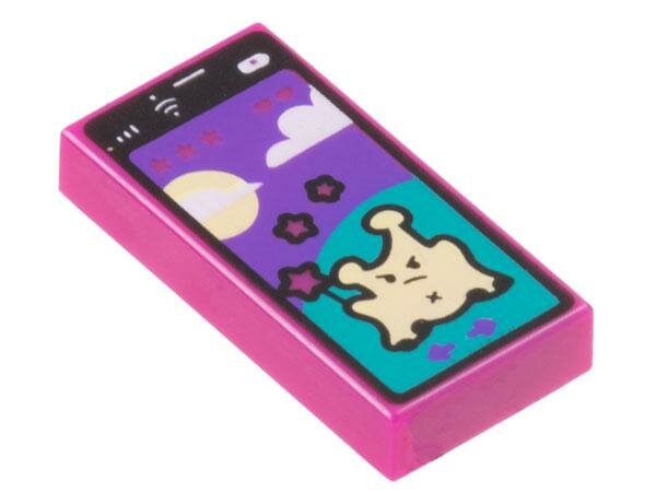 Деталь Lego 3069pb1067 Tile 1 x 2 with Cell Phone / Smartphone with Game with Bright Light Yellow Alien on Dark Turquoise Hill, Sun, Clouds, and Dark Purple Sky Pattern