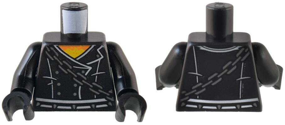 Деталь Lego 973pb5153c01 Torso Leather Jacket with White Trim and Belt, Silver Buttons and Chain over Orange and Yellow Flame Shirt Pattern / Black Arms / Black Hands