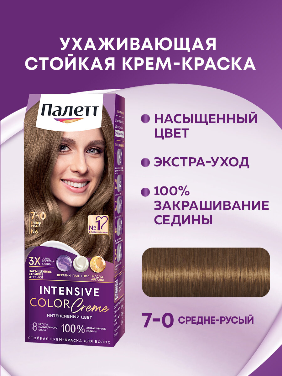 Палетт Стойкая крем-краска для волос Интенсивный цвет 7-0 Средне-русый, 110 мл