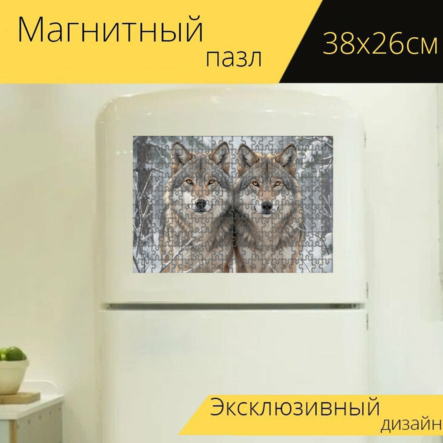 Магнитный пазл "Два волка в зимнем лесу. Пара серых хищников среди заснеженных еловых ветвей. Реалистичная цифровая иллюстрация в холодных бело-серых тонах." для интерьера, 38х26 см.
