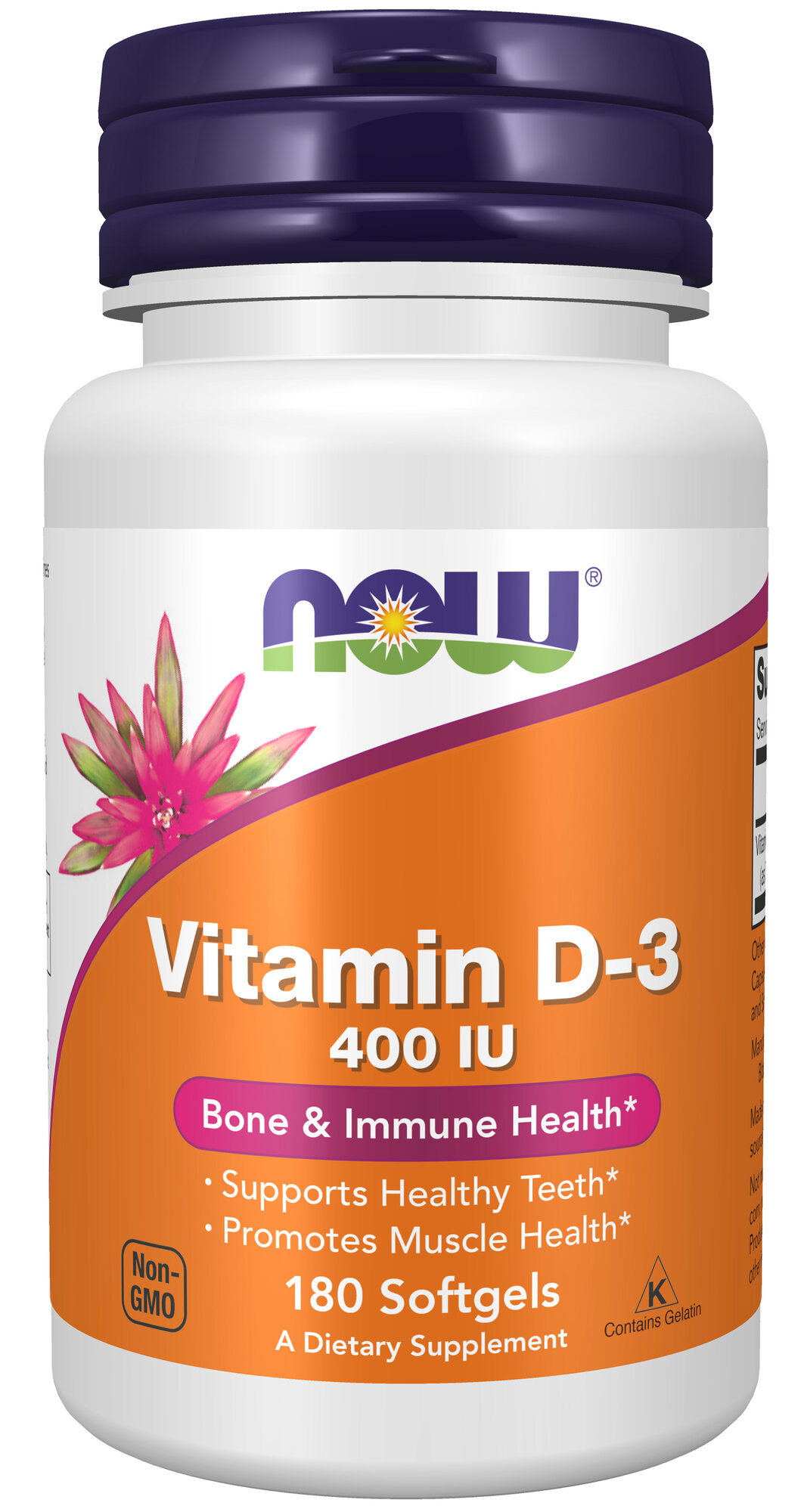 Витамин Д3 400 ME NOW Vitamin D3, 180 мягких капсул, для мозга, для иммунитета, для здоровья костей, для зубов