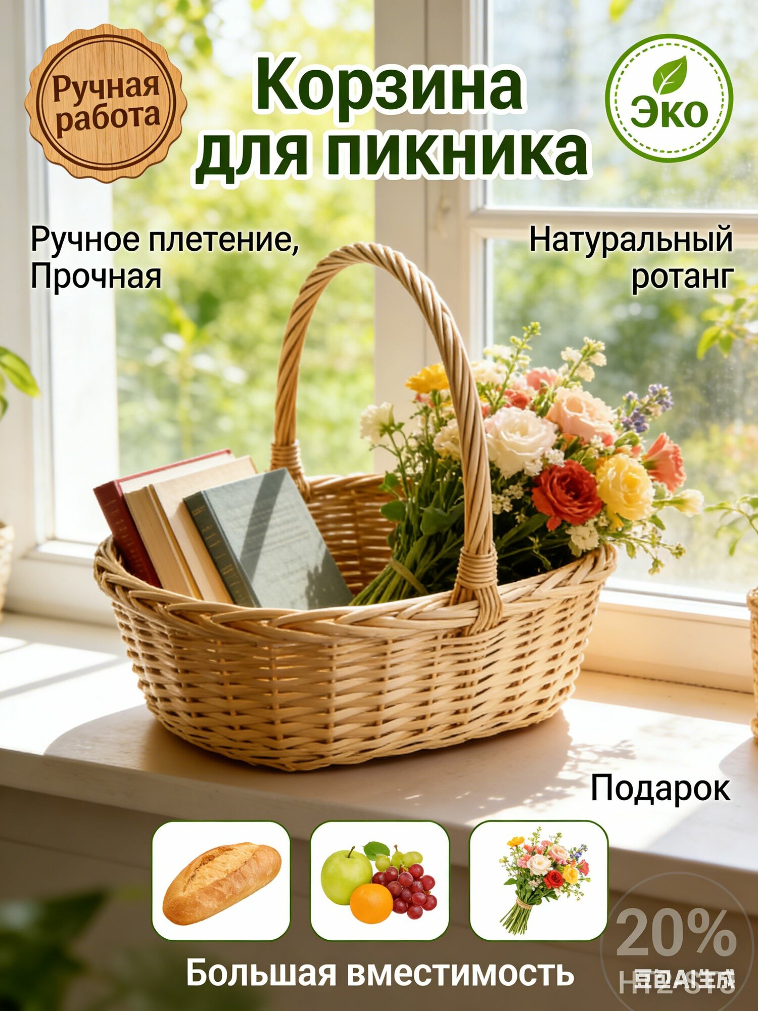 Корзина для пикника, Плетеная корзина из натурального ротанга с ручкой, 30x20x15 см, Ручная работа, Для хранения фруктов и хлеба, Для дома и пикника, Экологичная и прочная, Подарочная упаковка