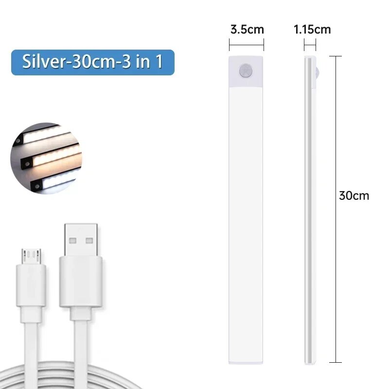LED датчик движения LINYIRAOM для подсветки шкафа Белый, Silver-30cm-3 in 1