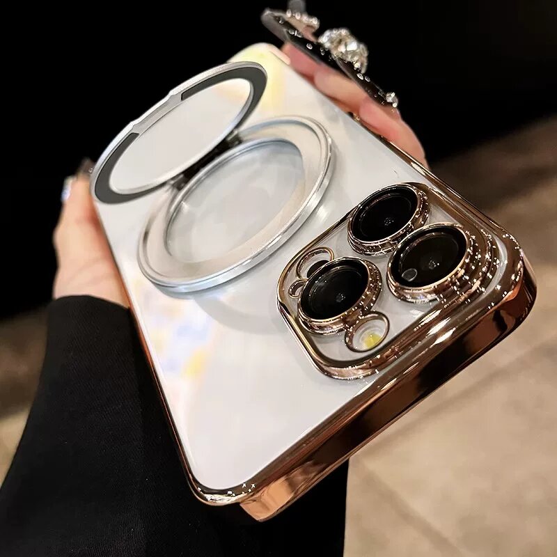 Магнитный телефонный стенд для iPhone 17 Pro, золотой, 360° поворот с встроенным защитным стеклом премиум-дизайн