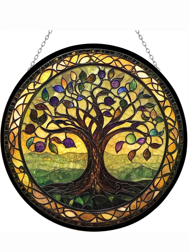 Подвеска из витражного стекла, дерево жизни, солнечный ловец 20 см, панель из стекла, декор комнаты, Хэллоуин, Рождество