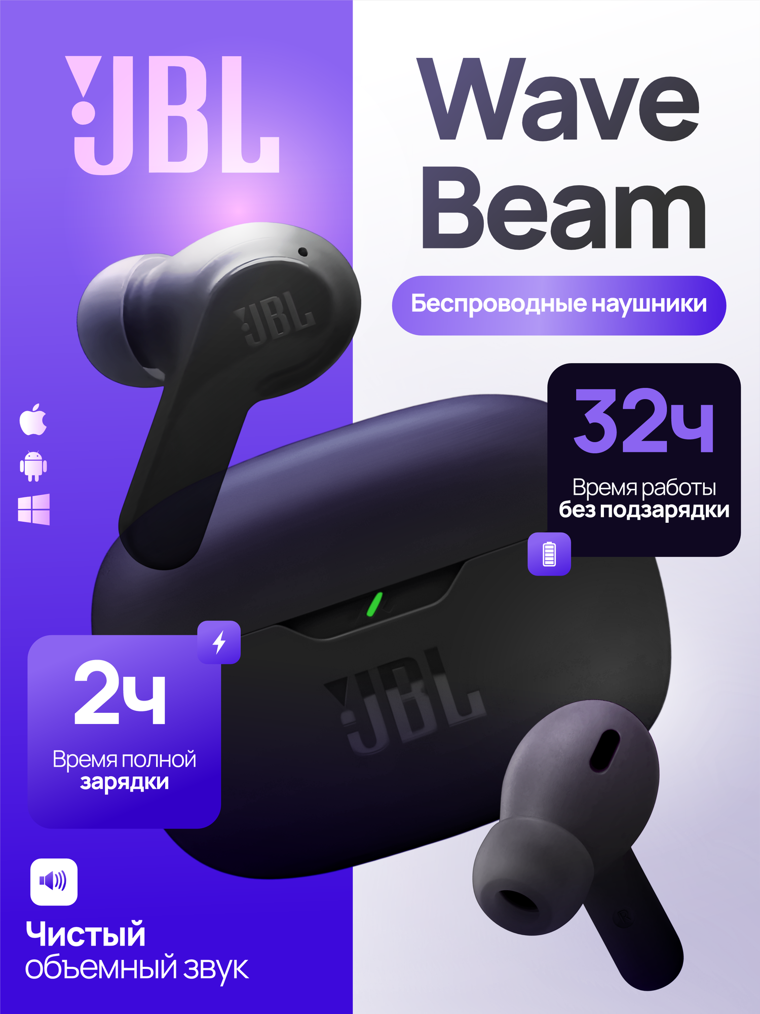 Наушники JBL Wave Beam, беспроводные, влагозащищенные, черные