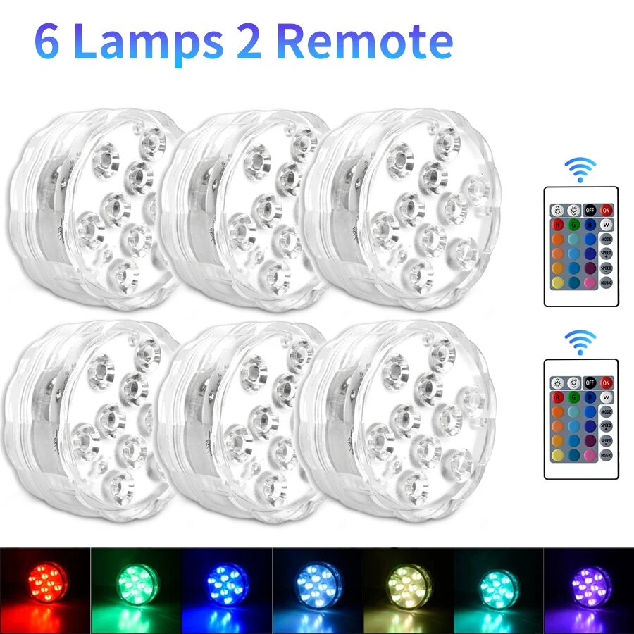 Подводные LED лампы RGB, 6 шт, 2 пульта