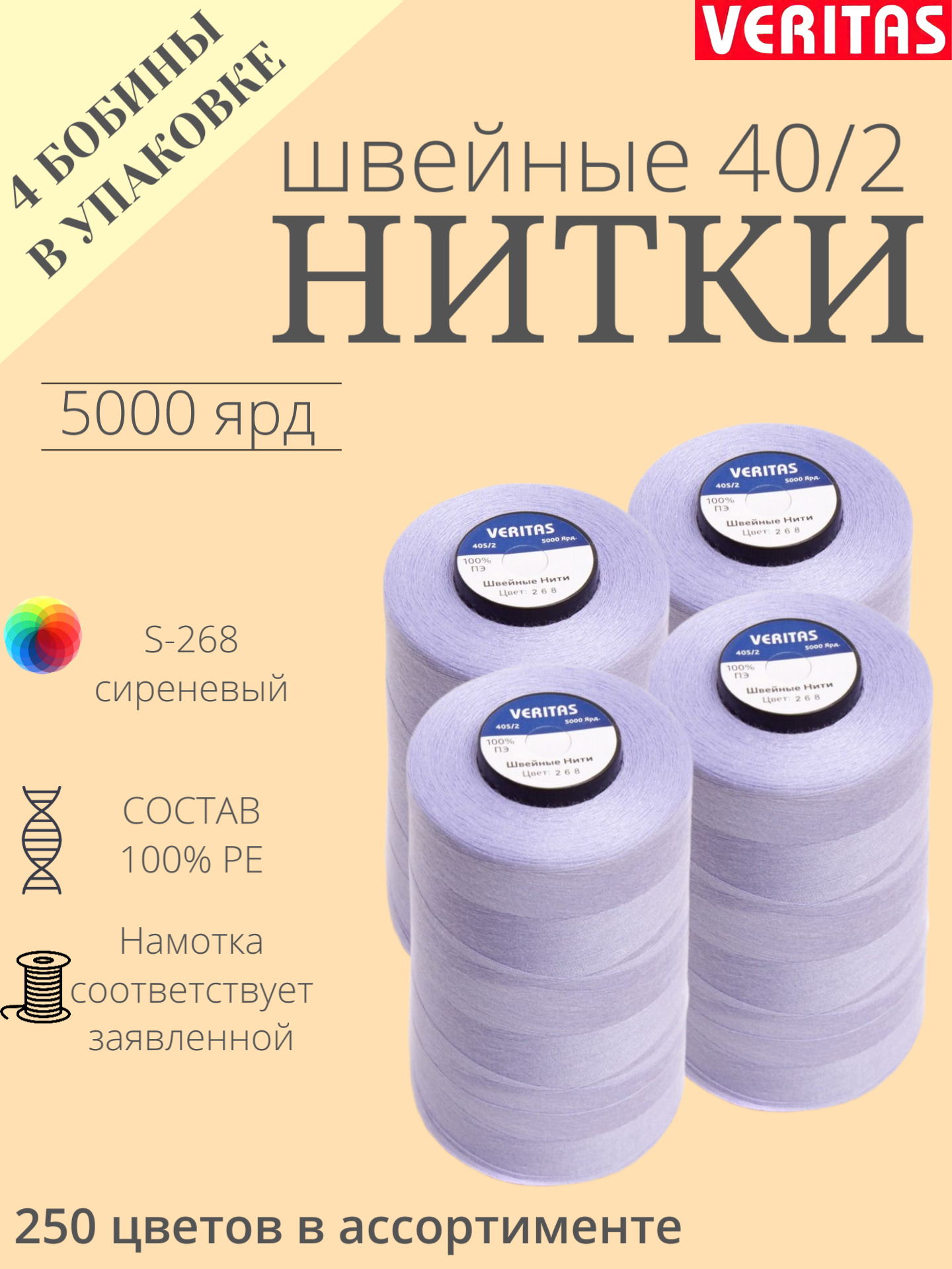 Нитки швейные 40/2 набор 4 бобины VERITAS S-268, намотка 5000ярд