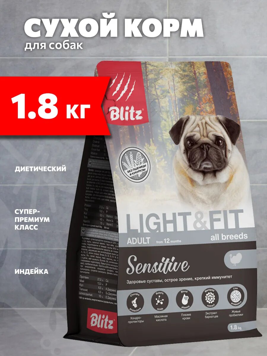Корм сухой Blitz Sensitive Adult All Breeds Light & Fit диетический для взрослых собак всех пород индейка, 1,8 кг