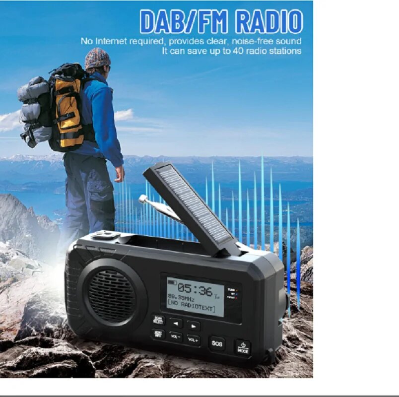 Портативное ручное радио DAB Аварийное радио на солнечной батарее с сигнализацией BT FM SOS, аккумулятором емкостью 5000 мАч и лампой для чтения