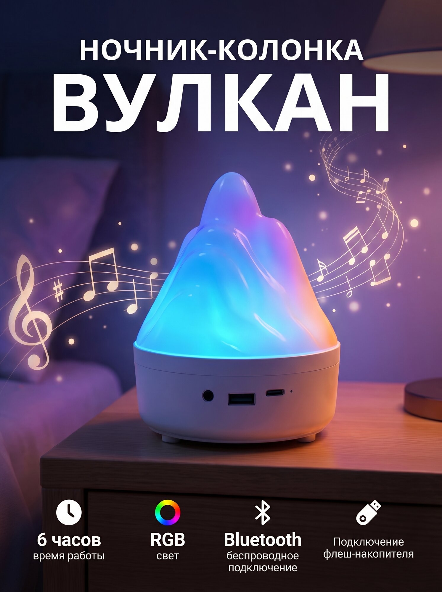 Светильник ночник детский, лампа ночник настольный Вулкан , LED, 11В, сенсорный, с Bluetooth-динамиком
