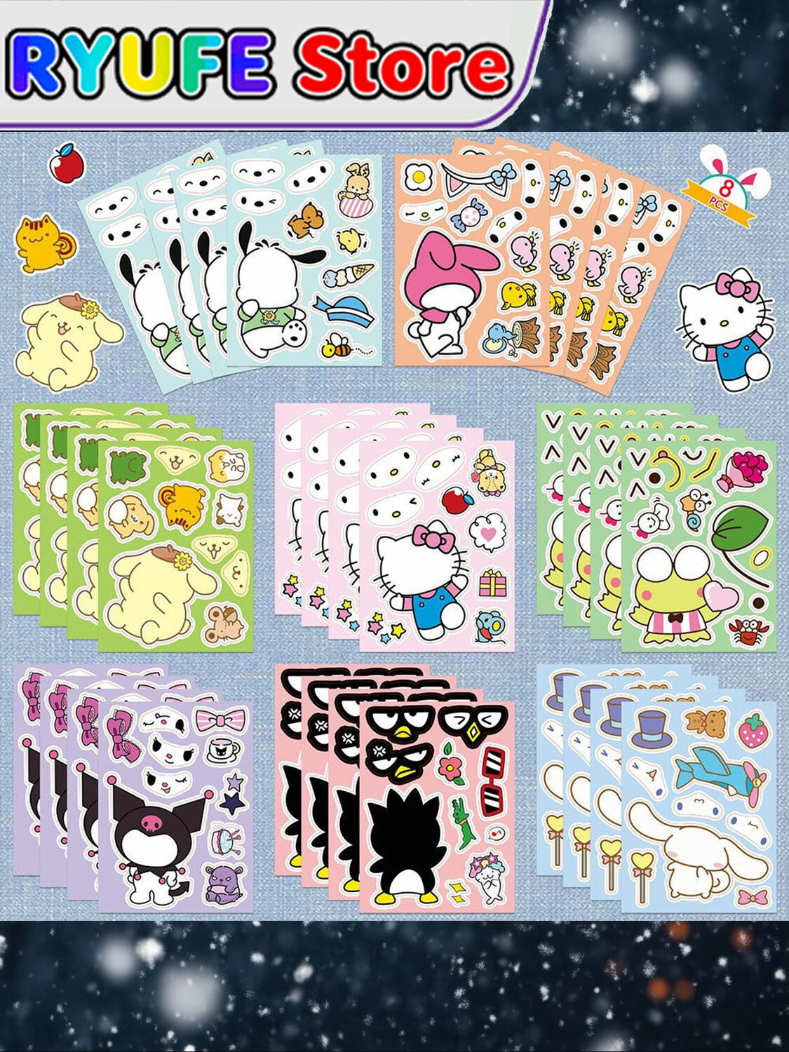 Наклейки-пазлы Sanrio с Куроми, КТити, Мелоди и Покаччо. Смена нарядов. Водонепроницаемые. Милый декор для блокнотов.