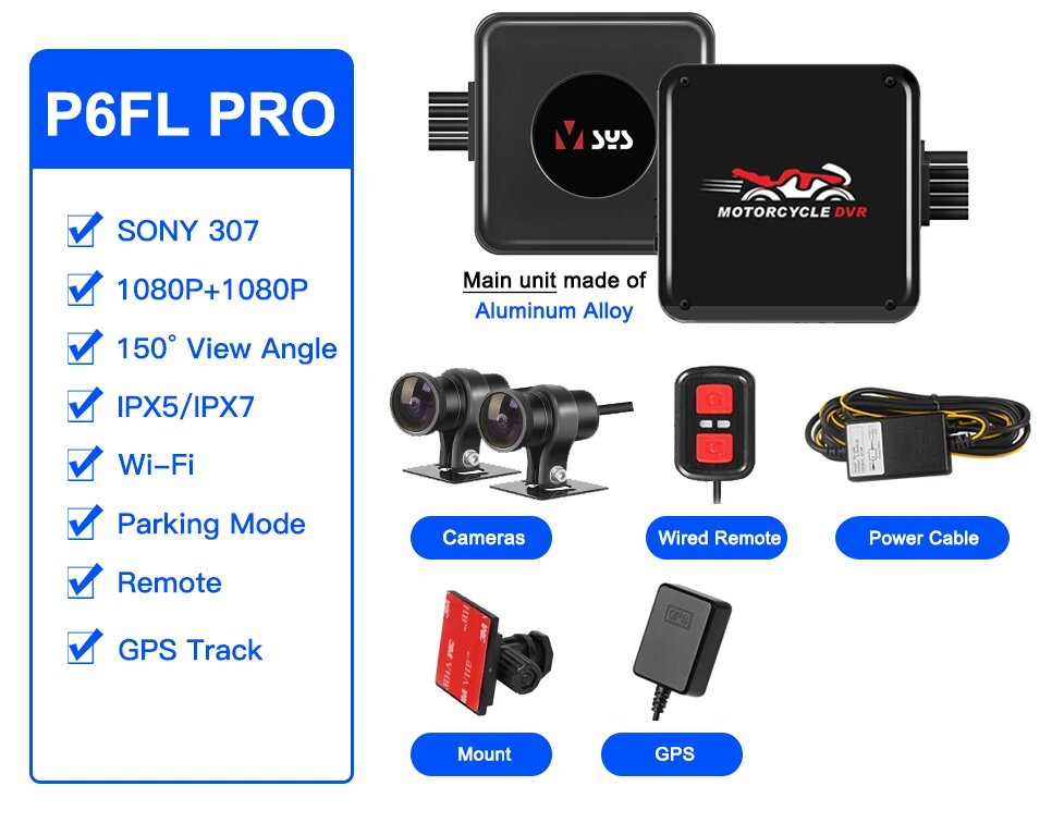 VSYS P6FL Pro-GPS, видеорегистратор для мотоцикла 1080P, Wi-Fi, GPS