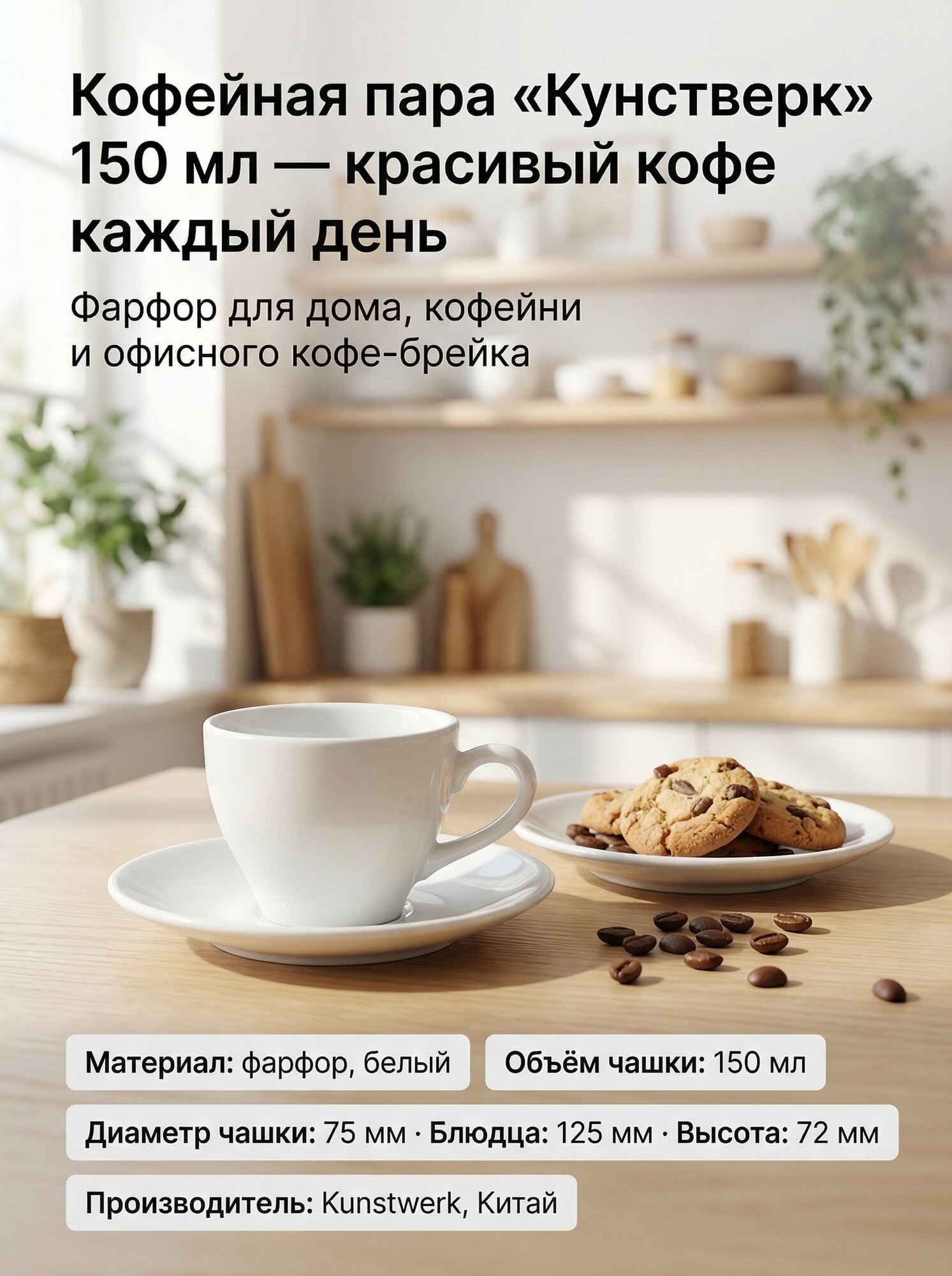 Кофейная пара Kunstwerk 150 мл, фарфоровая, белый, 75/125х72мм