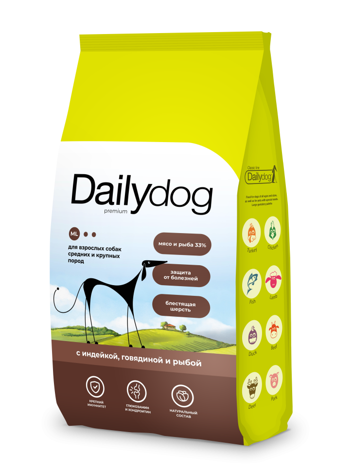 Сухой корм Dailydog Classic Line для взрослых собак средних и крупных пород, с индейкой, говядиной и рыбой - 1,5 кг