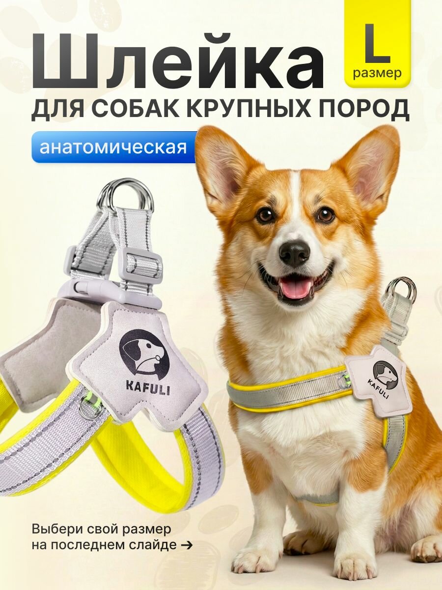 Шлейка для собак жёлтая до 20кг/ ошейник со светоотражателем, для средних и крупных пород