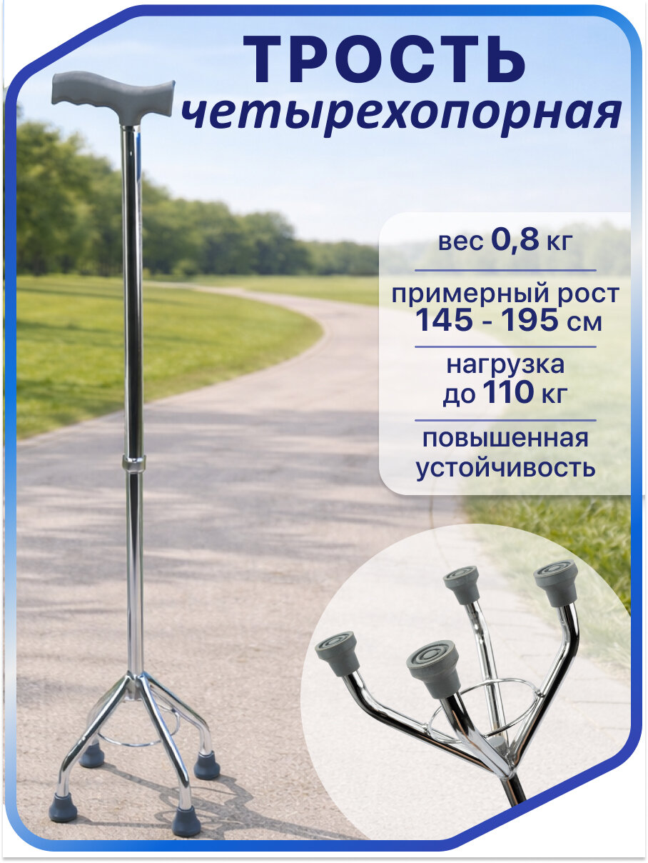 Трость опорная для ходьбы Barry C Pyramid, алюминий сталь, с регулировкой высоты, 4 опоры, т-образная ручка