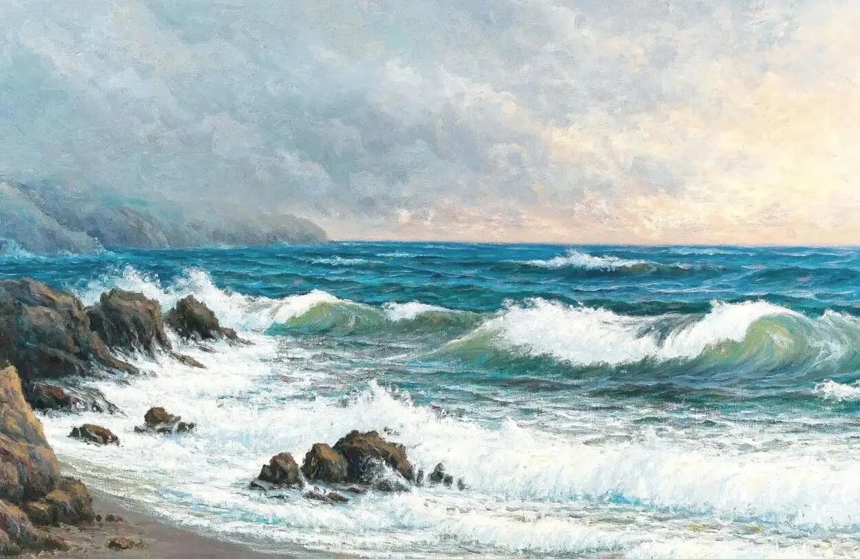 Морской пейзаж на холсте, 40x60 см, красный, без рамы