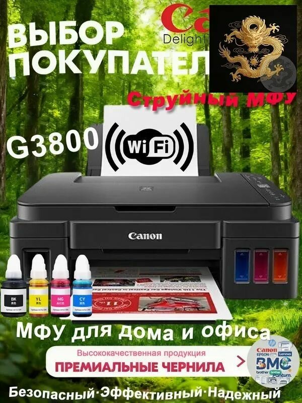 МФУ Струйное Canon G3800 с СНПЧ, беспроводной Wi-Fi, для дома и учебы, печать фото, вилка европейского стандарта,4 буты
