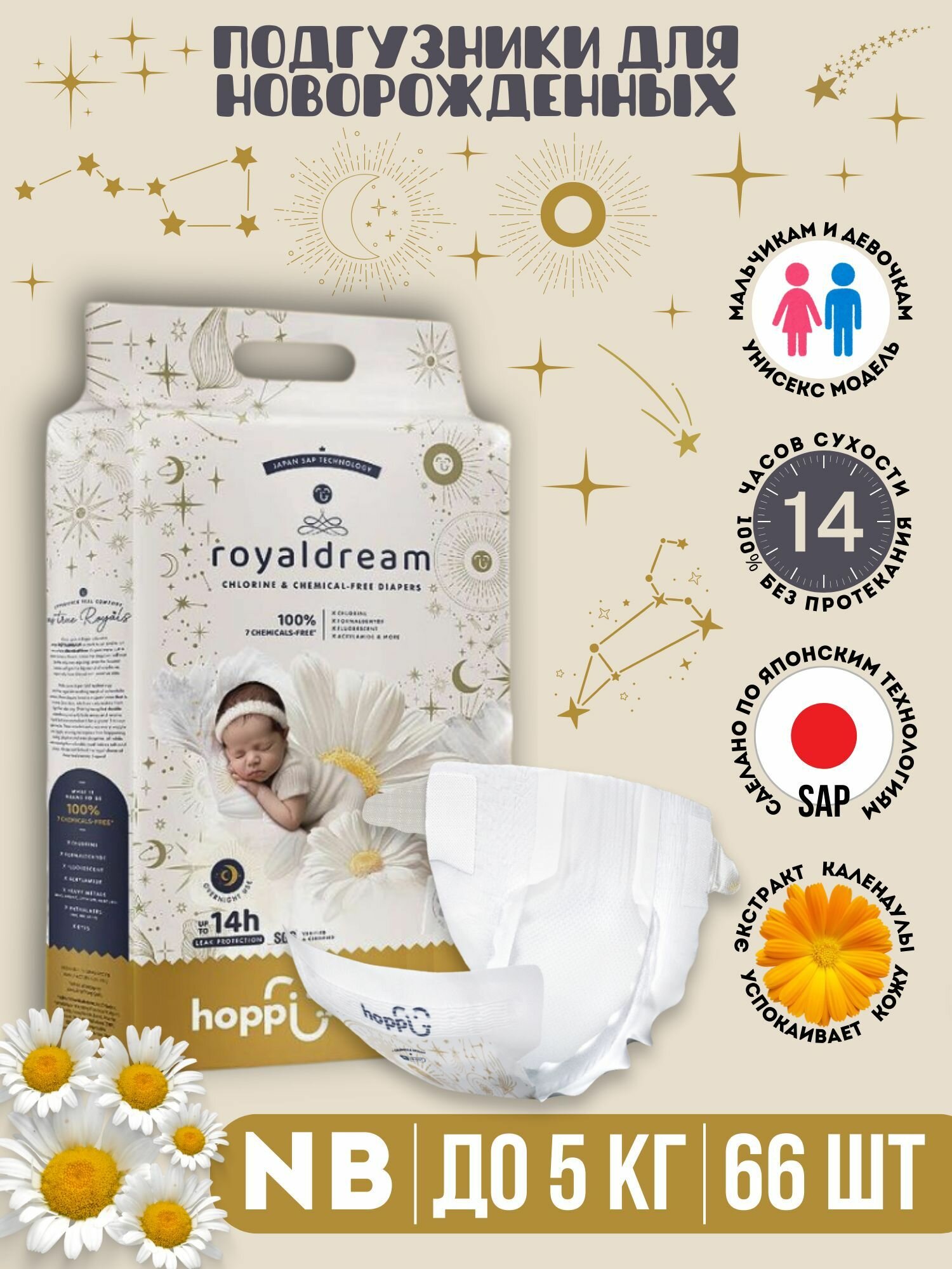 Подгузники Hoppi RoyalDream, для новорожденных, размер NB, 1 уровень впитываемости, 66 штук
