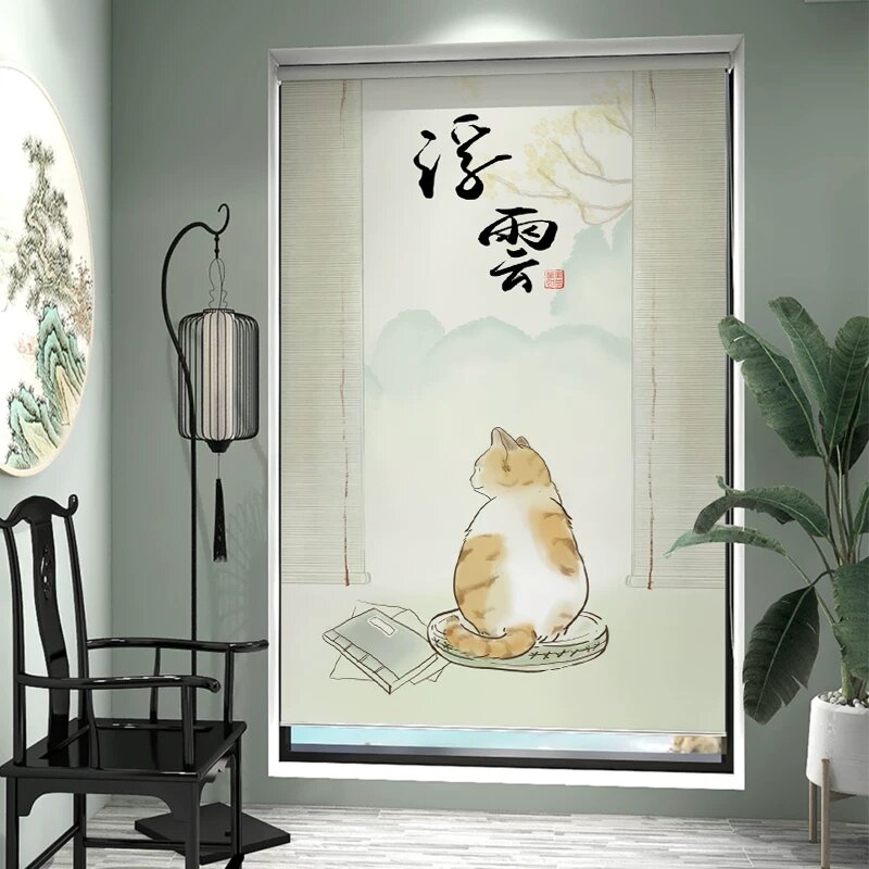 Рулонная штора Chinese Style Cat 5 без сверления, блокирующая свет для гостиной