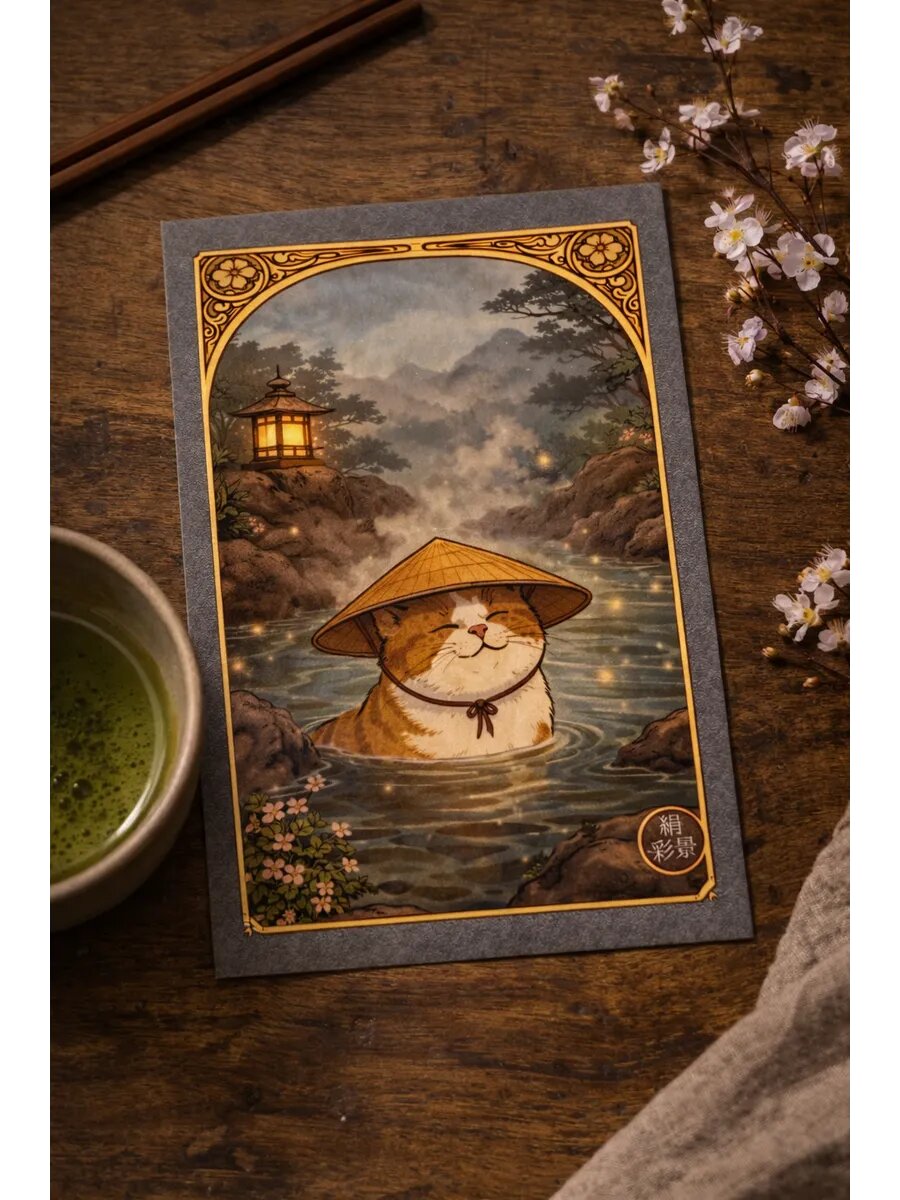 Открытка/мини-постер KinakeArt "Момо в горячих источниках", бумага, 15x10см