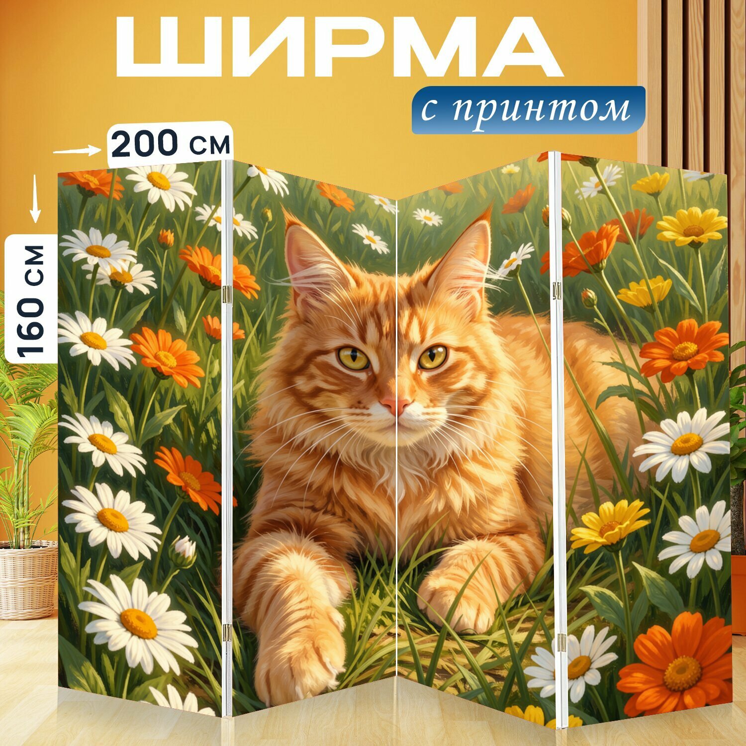 Ширма "Рыжий кот среди ромашек. Пушистый полосатый питомец лежит в летнем лугу с белыми и оранжевыми цветами." перегородка для зонирования комнаты с принтом 200x160 см. на холсте