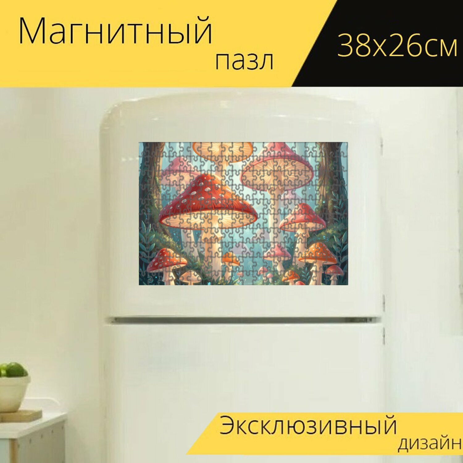 Магнитный пазл "Сказочный лес с огромными грибами. Волшебная лесная поляна с гигантскими шляпками грибов, мягким светом и туманной глубиной. Нежные." для интерьера, 38х26 см.