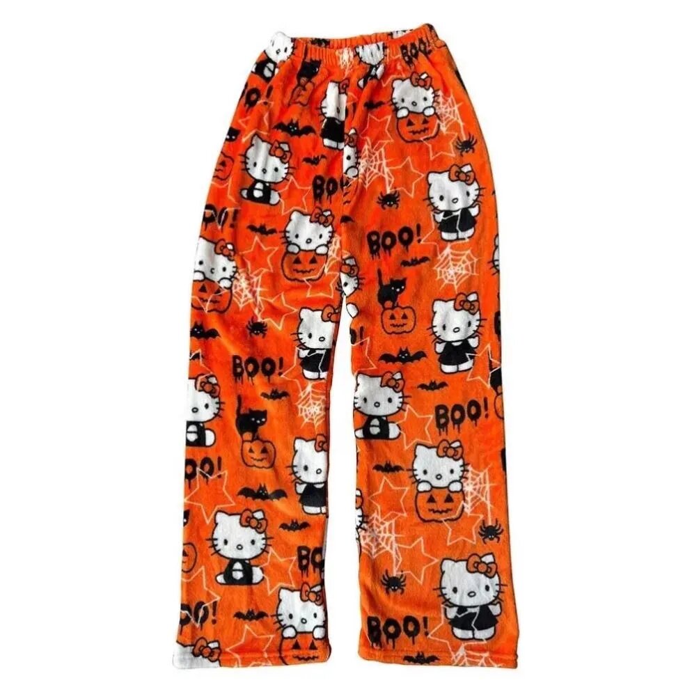 MINISO Женская фланелевая пижама с мультяшным рисунком Hello Kitty на Хэллоуин, осень-зима, на флисовой подкладке, теплая, повседневная, домашняя одежда, брюки с граффити, Размер: XXL