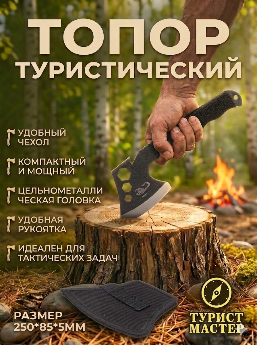 Топор туристический с чехлом, размер 250х85х5 мм, металл, удобная рукоять, цвет черный/серый