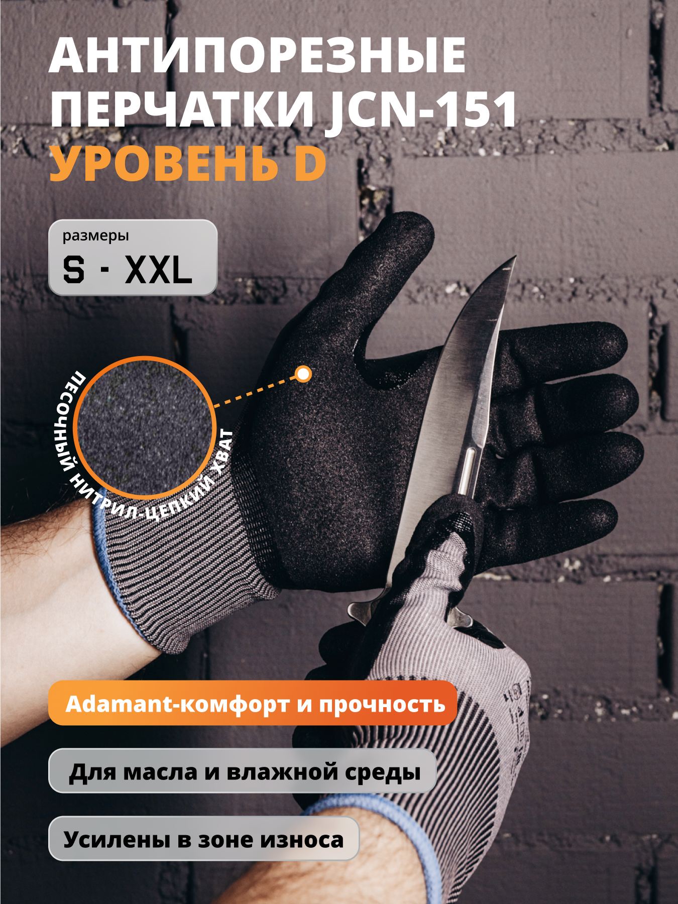JCN-151 AdamantNit Защитные трикотажные перчатки Jeta Safety из синтетических нитей с покрытием ладони из нитрила