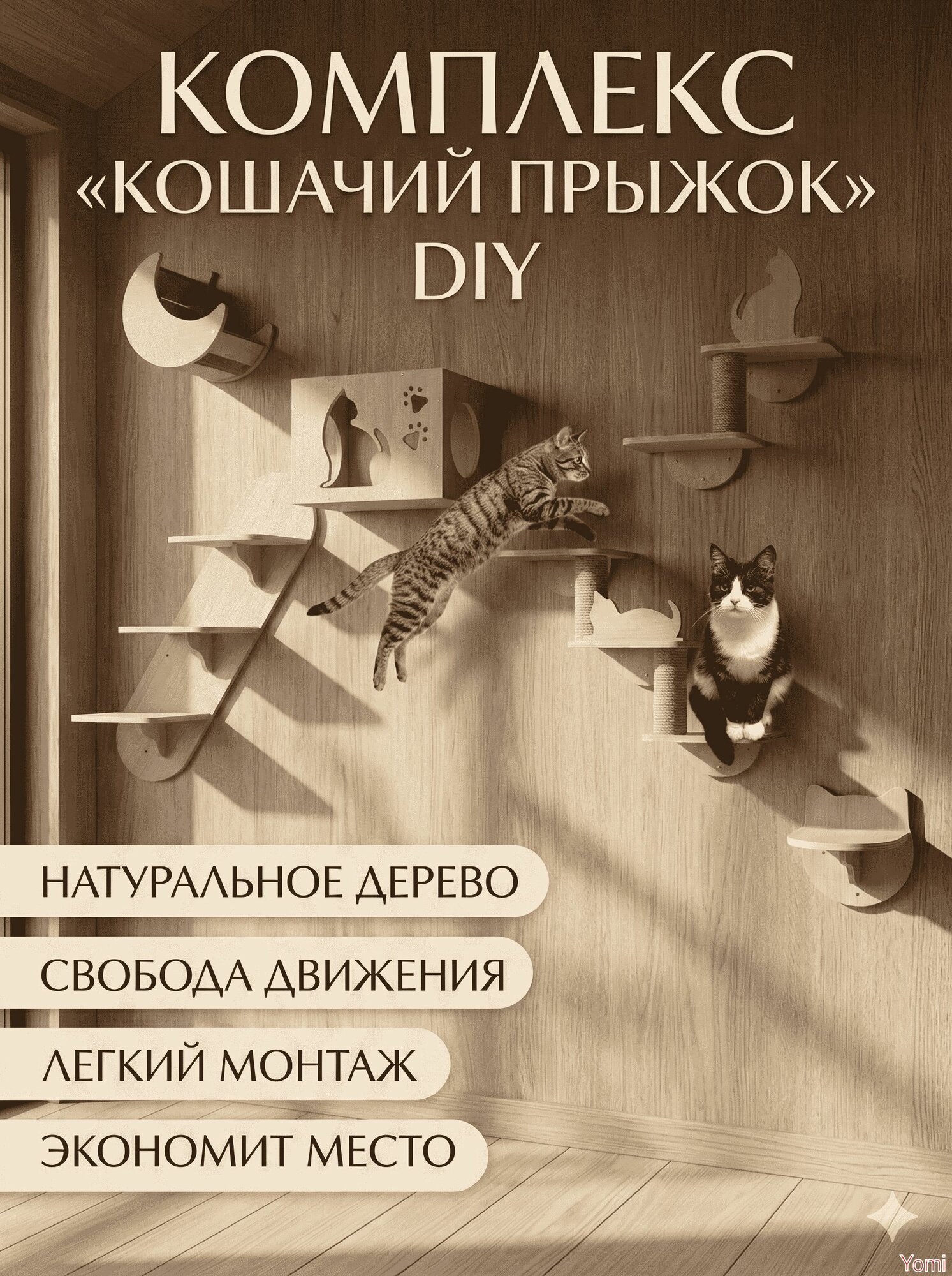 Кошачья небольшая настенная полка-подставка 25x22x20 см для кошек на стену полка для кота настенная полка для кошек