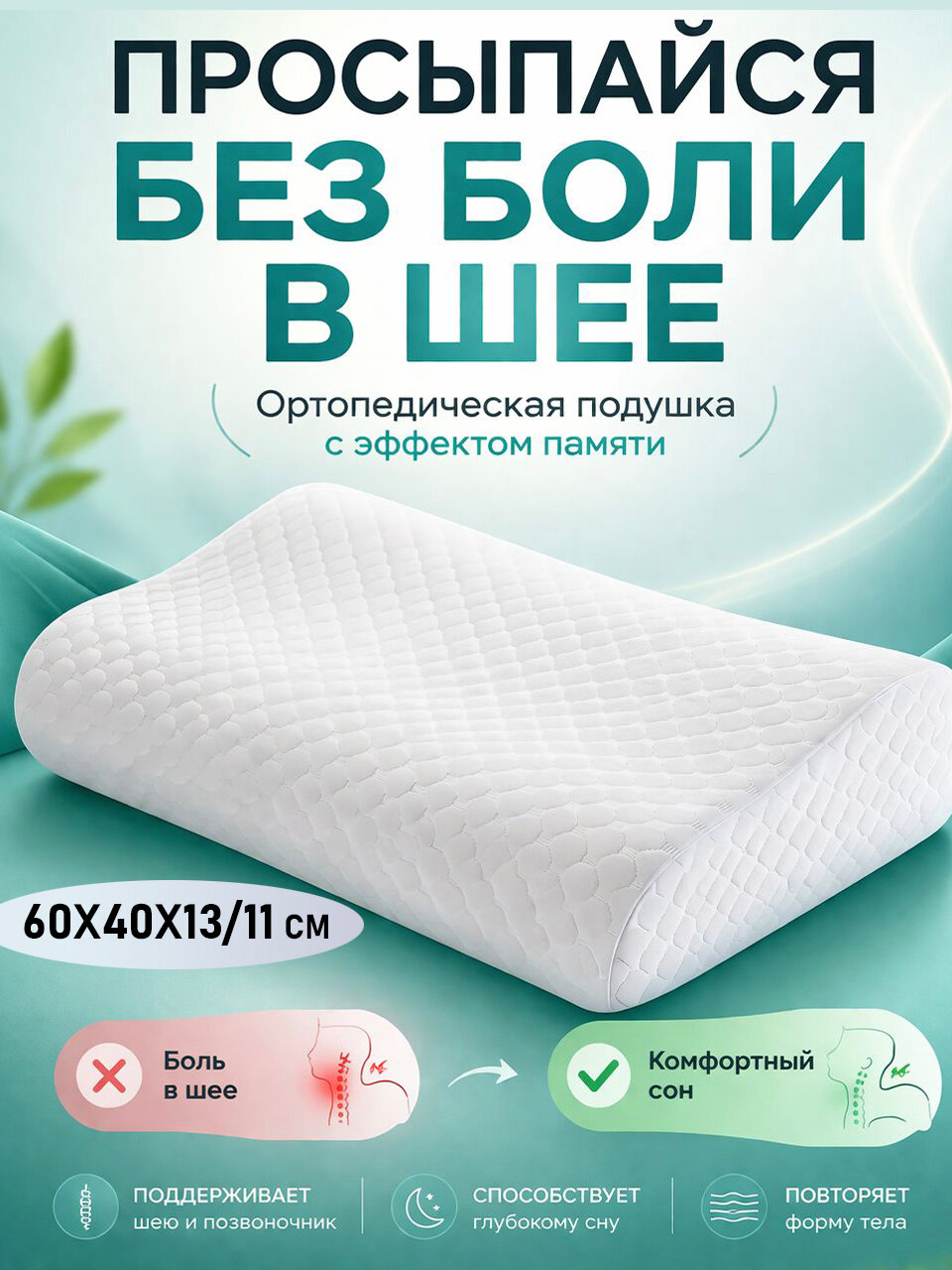 Подушка ортопедическая для сна с эффектом памяти 60х40 см, высота валиков 10 и 13 см, для наволочки 50х70, анатомическая