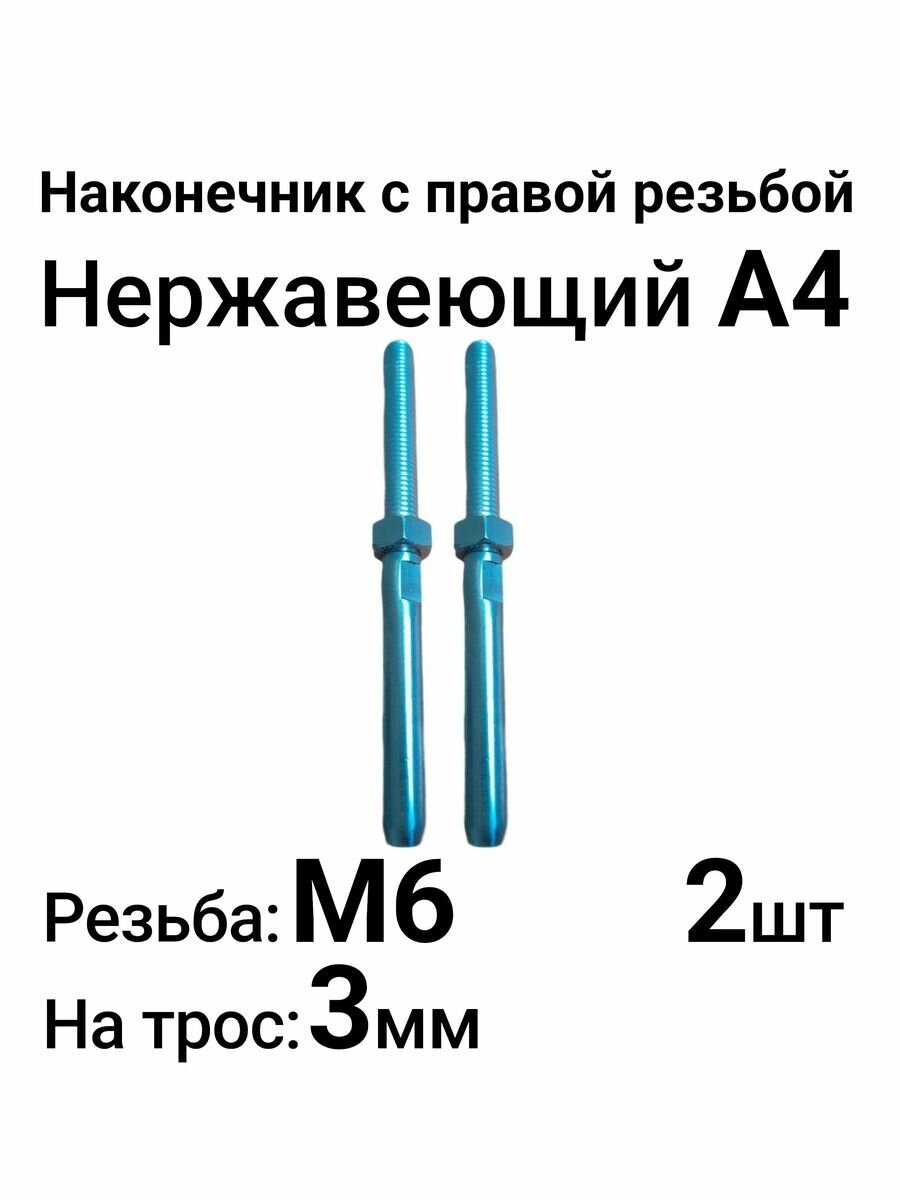 Наконечник нержавеющий из стали А4 для обжима на трос 3 мм с правой резьбой М6, 2 шт
