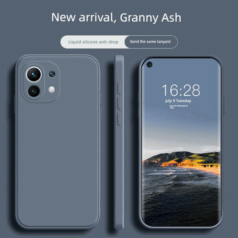 Жидкий силиконовый чехол для Xiaomi 11 Pro - Цвет кремово-серый, узкий дизайн, включая защитное стекло и жидкую ленту