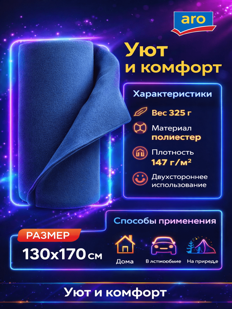 Aro Плед флисовый темно-синий, 130 х 170см