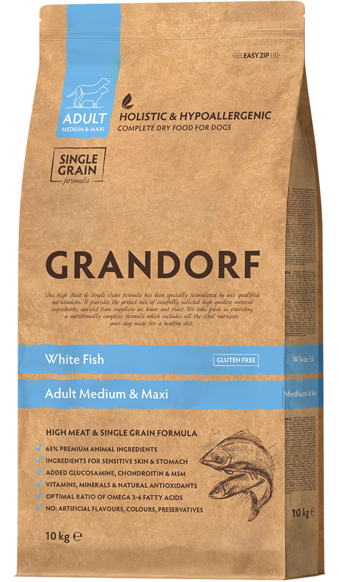Корм сухой Grandorf Single Grain Dog Adult Medium & Maxi White Fish низкозерновой для взрослых собак средних и крупных пород, белая рыба, 10 кг