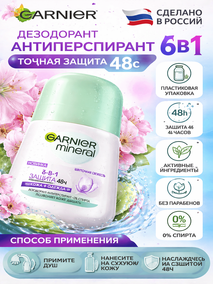 Дезодорант-антиперспирант-ролик Garnier Mineral 6в1, 50мл