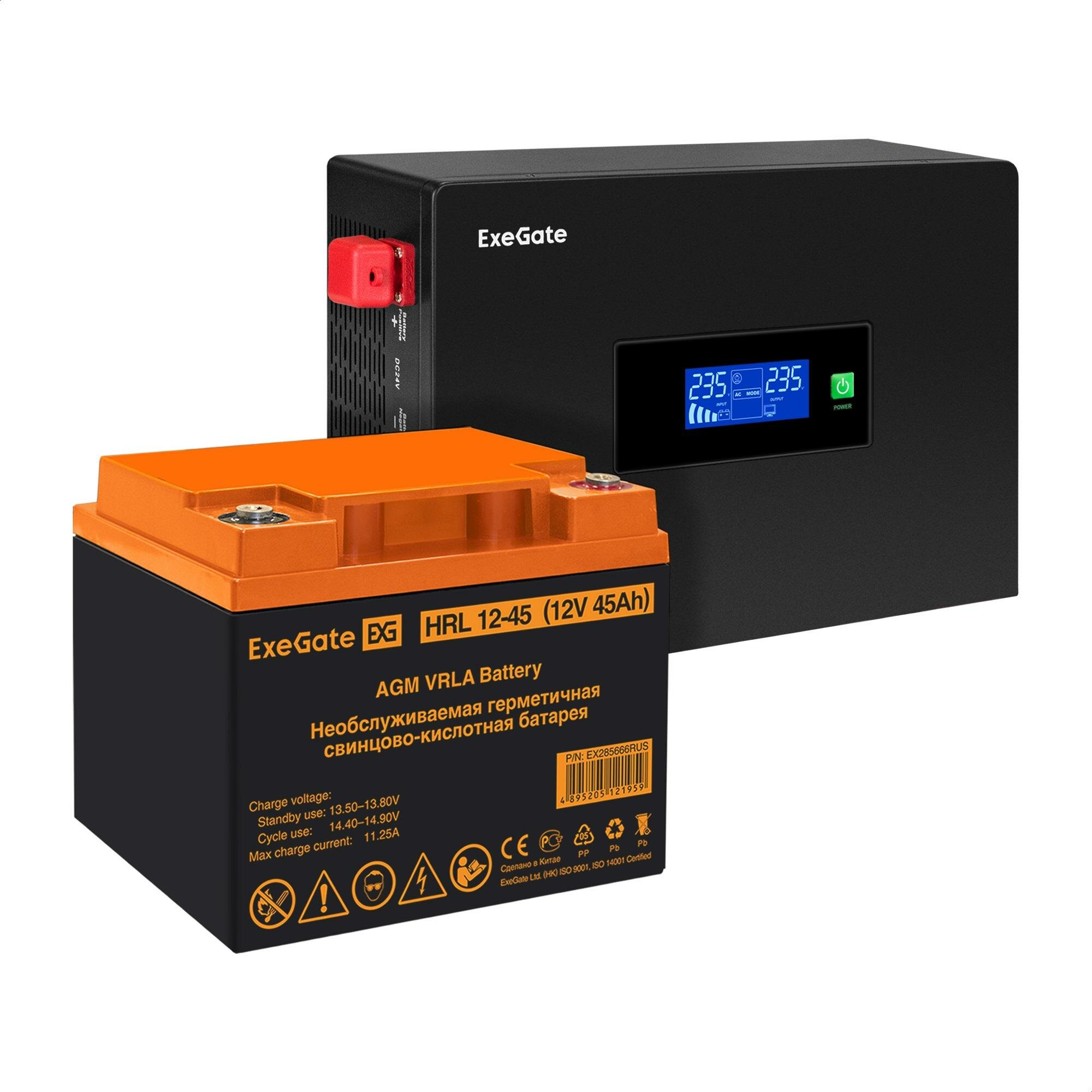 Комплект ИБП EX295993RUS + батарея 45Aч EX285666RUS 1шт (инвертор, синус, для котла, PF=1, настенный) ExeGate IdealSine SR-1000. LCD.2SH <1000VA/100