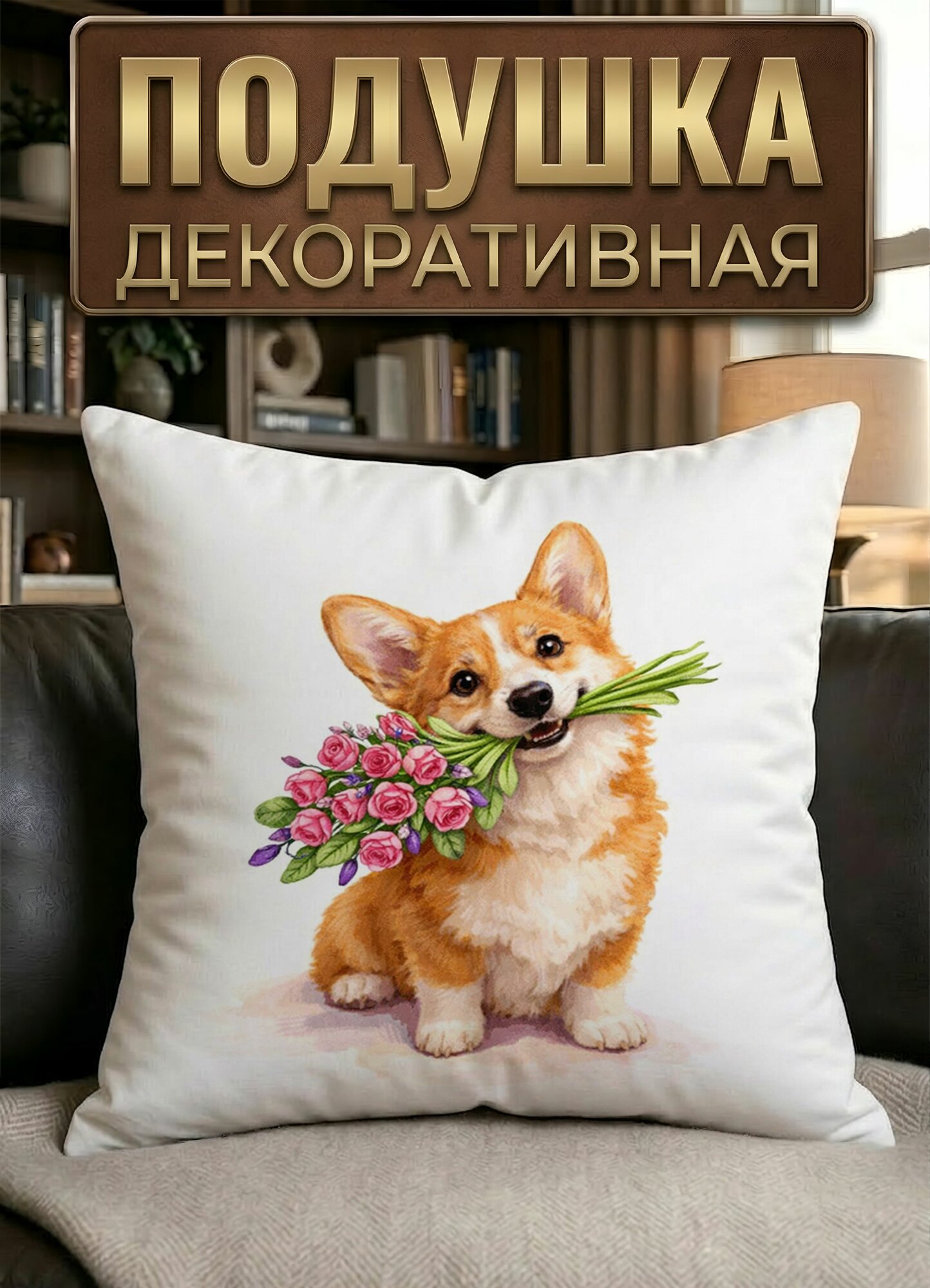 Подушка декоративная Собачка с цветами Вельш-корги
