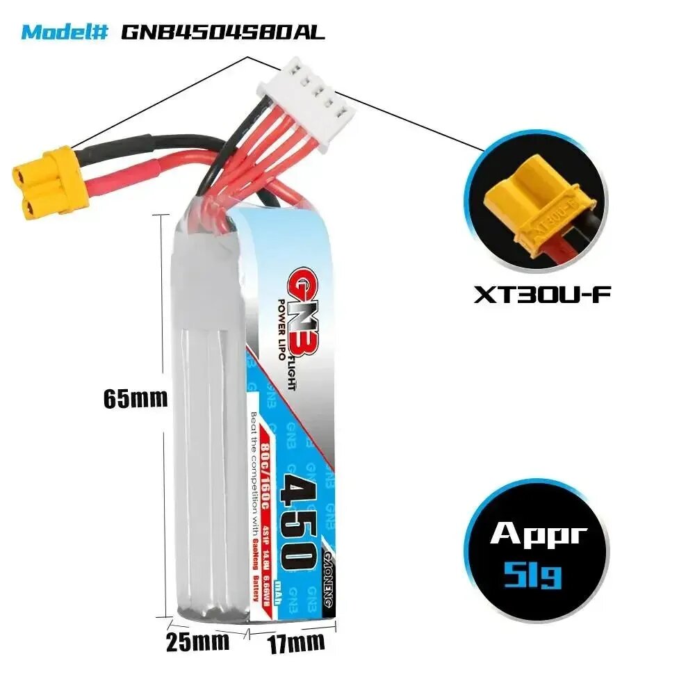 GAONENG GNB 450mAh 2S 7.4V 3S 11.1V 4S 14.8V 6S 22.2V 80C/160C XT30 Long Type Lipo Battery Аксессуары для игрушечных машин