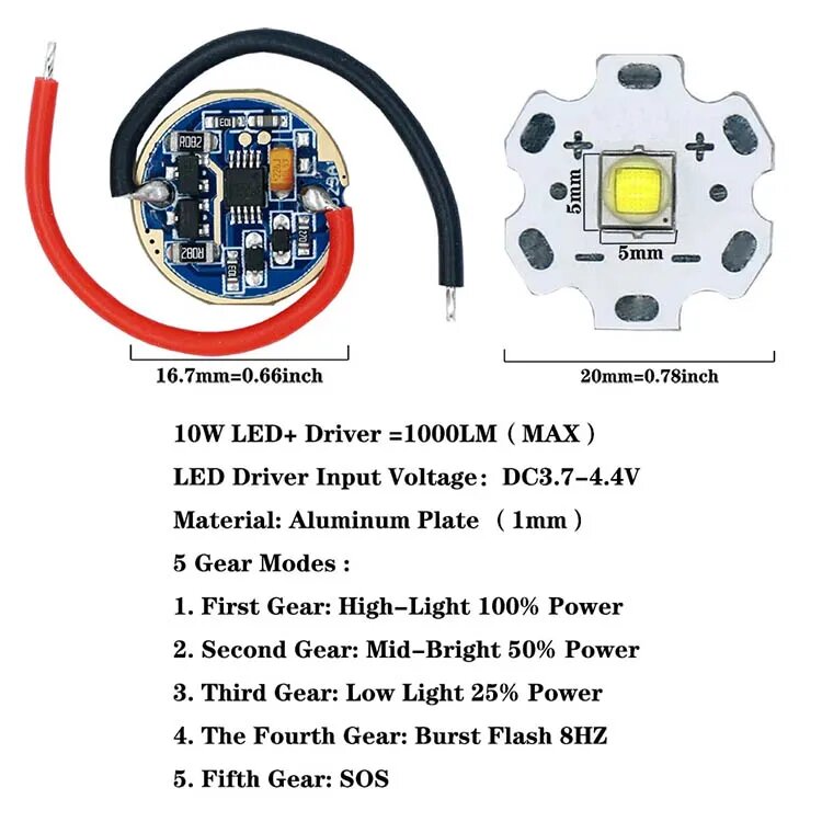 10W LED фонарик, 1000LM, 5 режимов, DC3.7-4.4V