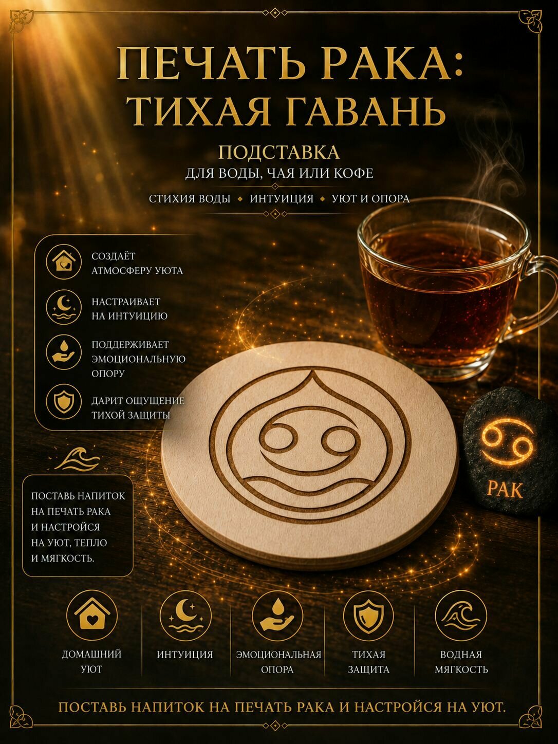 Подставка активатор "Тихая Гавань" для Рака под кружку, зодиакальная печать-амулет стихии Воды на спокойствие, дом и заботу